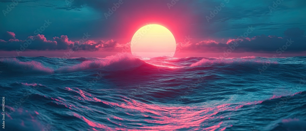 Synthwave ocean with neon-lit waves under a glowing retro sun vibrant ...