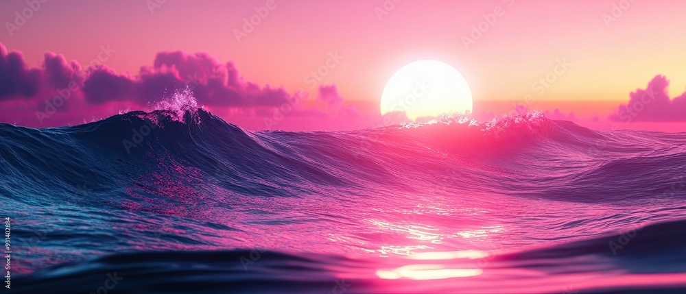 Synthwave ocean with neon-lit waves under a glowing retro sun vibrant ...
