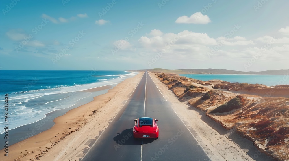 Red car driving in panoramic road landscape by the beach Highway ...