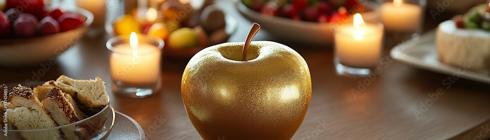Rosh Hashanah table with a golden apple centerpiece, candles, and ...