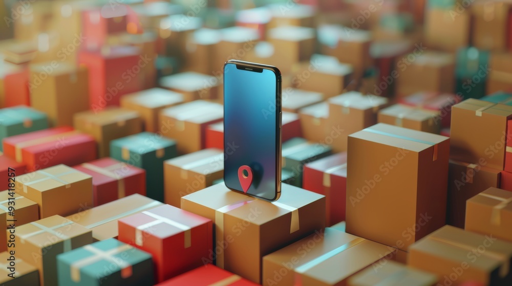 Simple cartoon smartphone tracking the location of a parcel with a pin ...