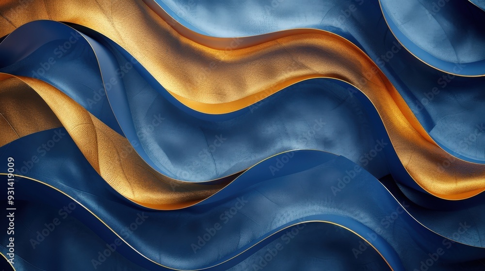 Craft an abstract background featuring blue and gold ribbons in a ...