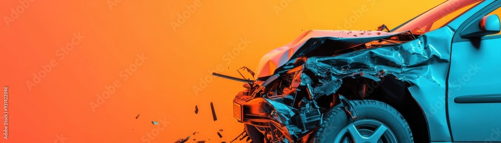 car accident scene showcasing a damaged vehicle against a vibrant ...