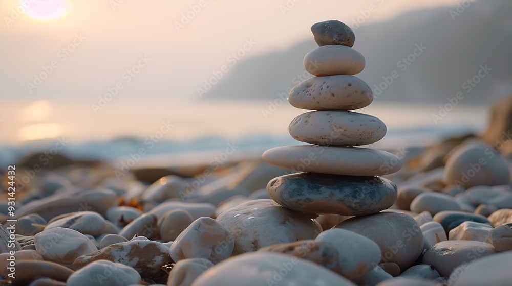 Pebble tower balance harmony stones arrangement on sea beach coastline ...