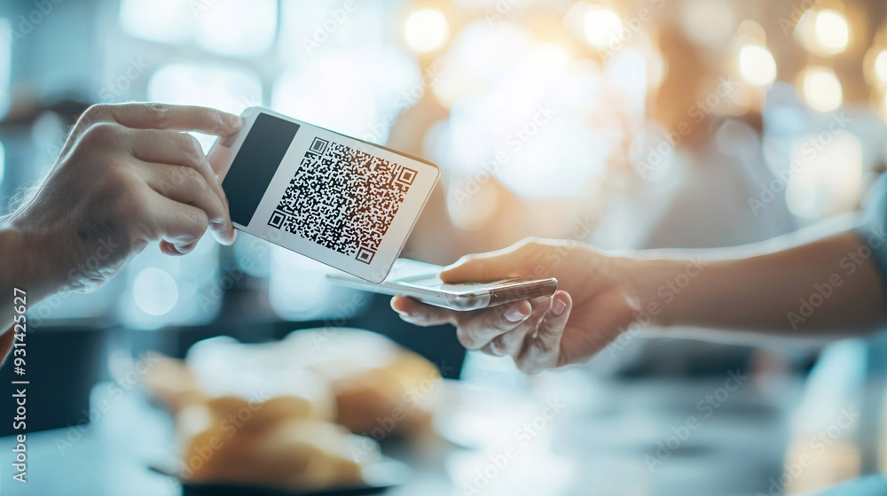 Person scanning a QR code to make a payment using a digital wallet ...