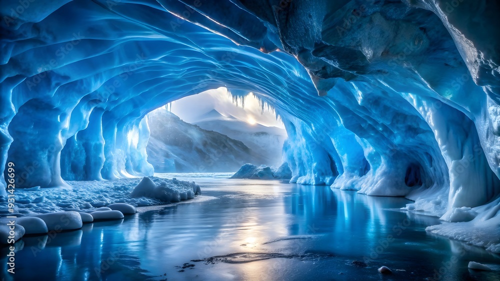 Arctic ice cave landscape with natural ice formations and shimmering ...