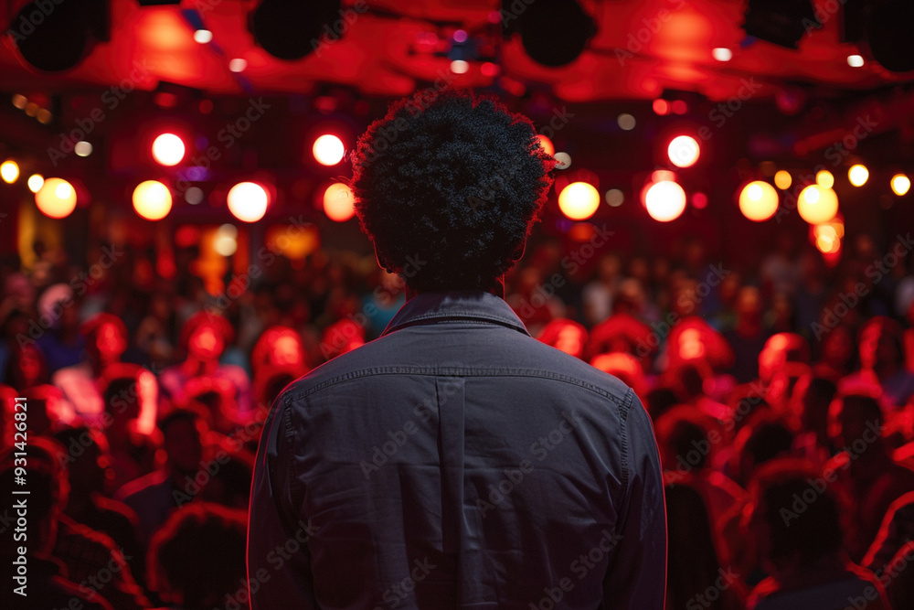Male artist performing on stage in front of a full hall of people crowd ...