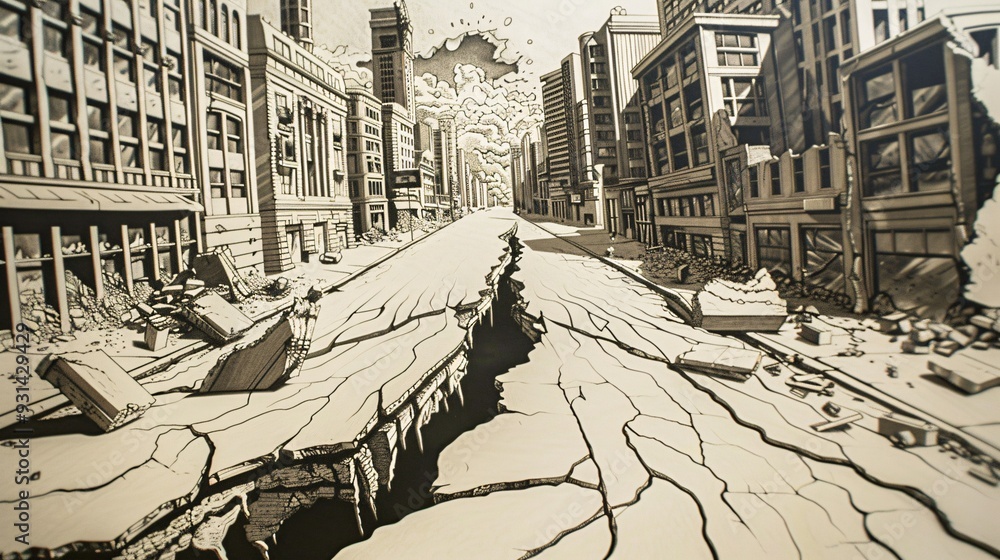 Detailed 3D shaded drawing of a massive earthquake splitting a city ...