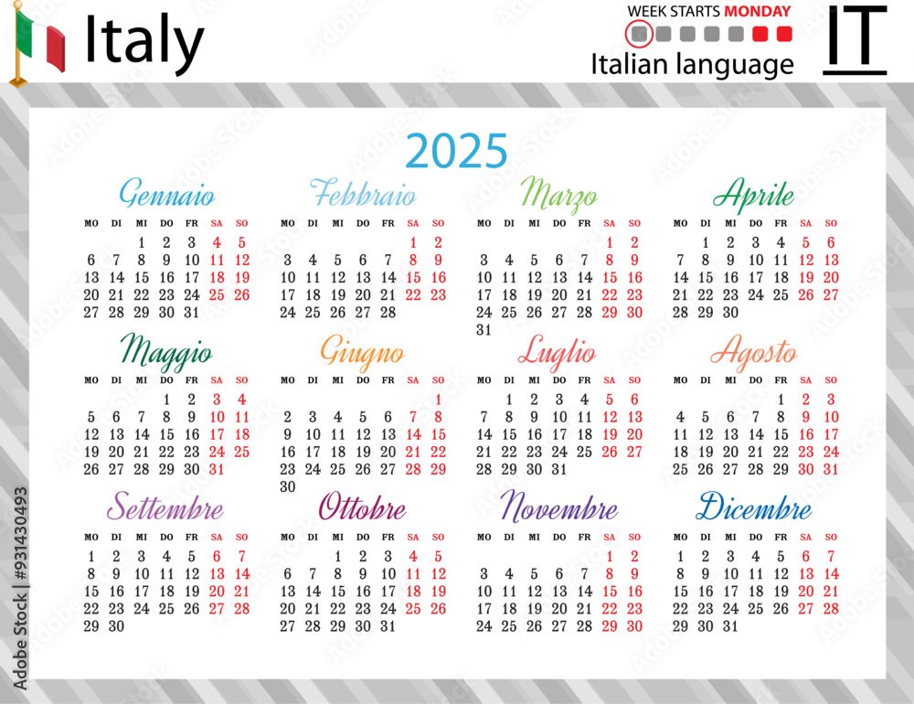 Italian horizontal pocket calendar for 2025. Week starts Monday Stock ...