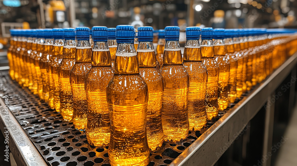 Bottles of golden beverage lined up in a factory during production ...