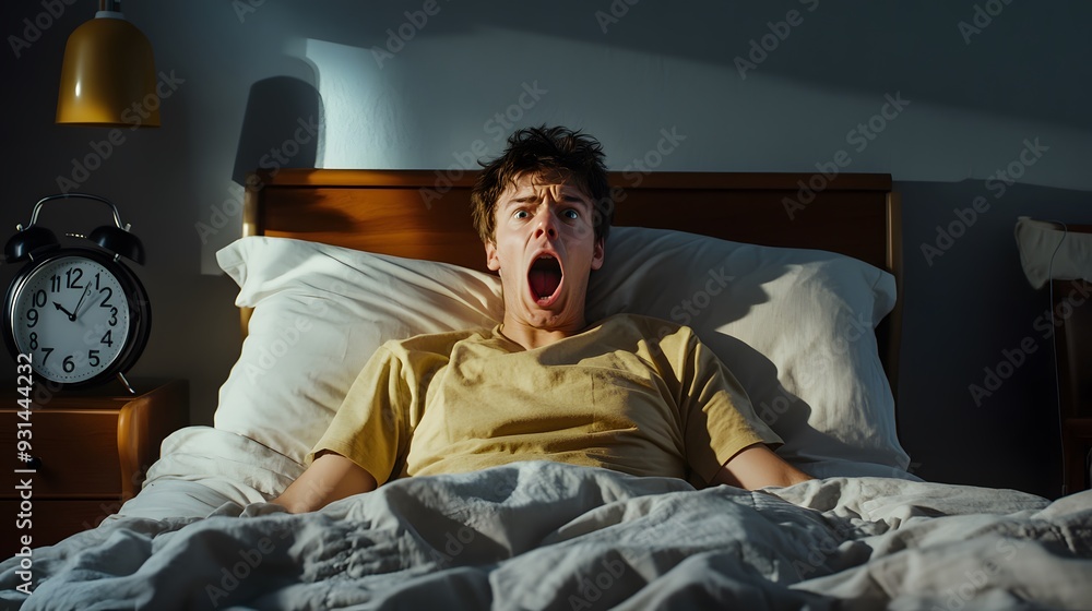 A front view of a person sitting up in bed, yawning after waking up ...