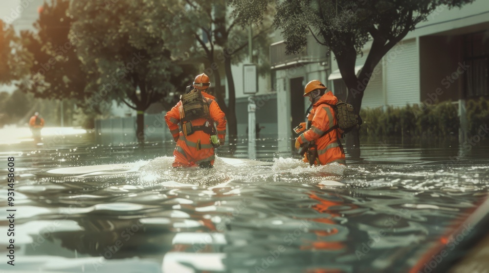 Emergency workers in orange suits wading through a flooded urban area ...