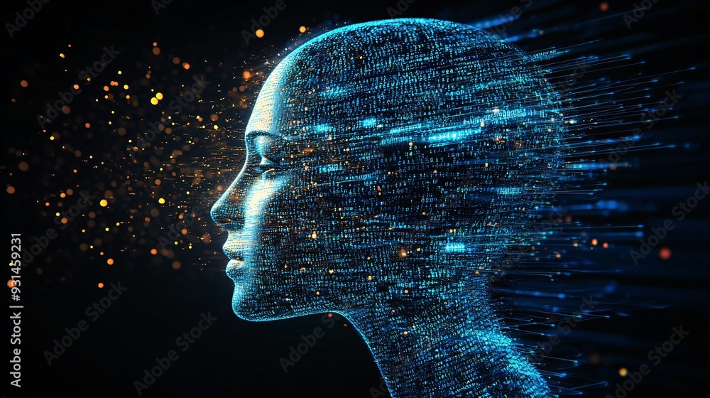 Profile of a humanoid head with digital code flowing across the surface ...