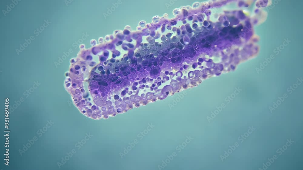 Small purple microorganism under microscope ultra close up. One alone ...