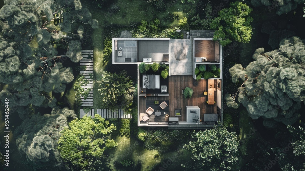 Aerial view of a modern, single-story house surrounded by lush greenery ...