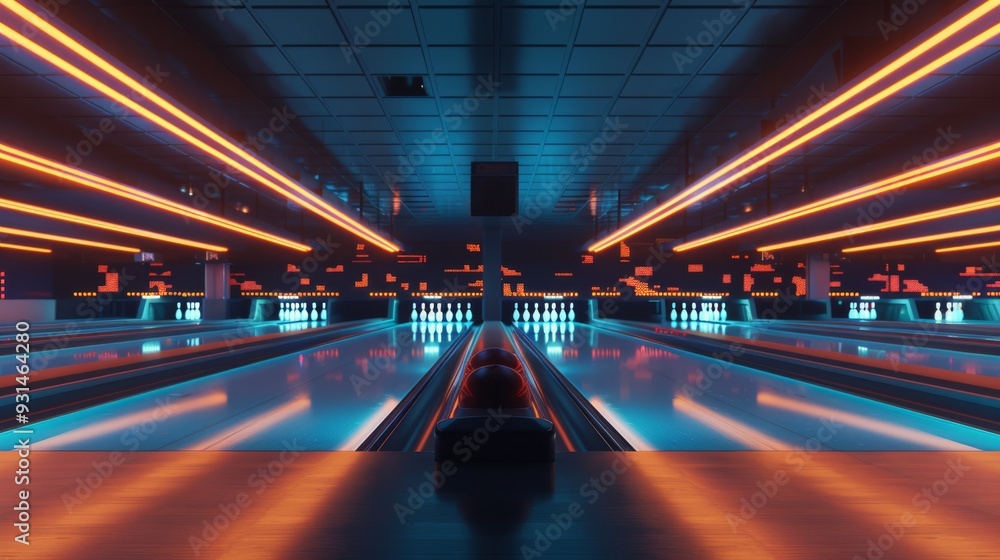 Vibrant bowling alley with vivid neon lights and glowing lanes ...