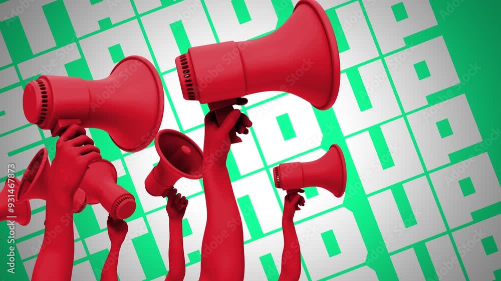 A group of stylised animated 3D hands holding up loud speakers over a ...