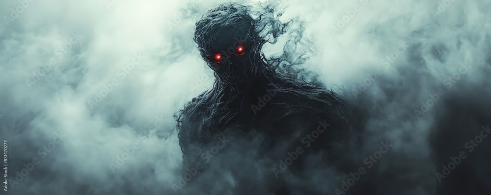 Embodiment of sin in pure darkness, shadowy figure with glowing red ...