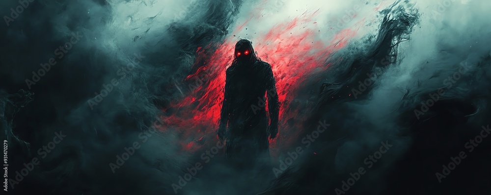 Embodiment of sin in pure darkness, shadowy figure with glowing red ...