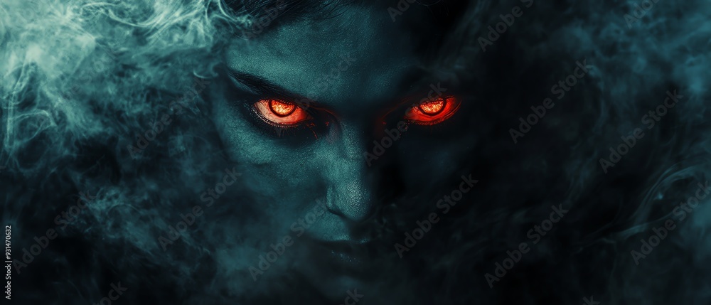 Sinful entity in darkness, shadowy figure with glowing red eyes ...