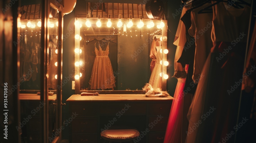 A dimly lit backstage dressing room with vintage bulbs around a mirror ...
