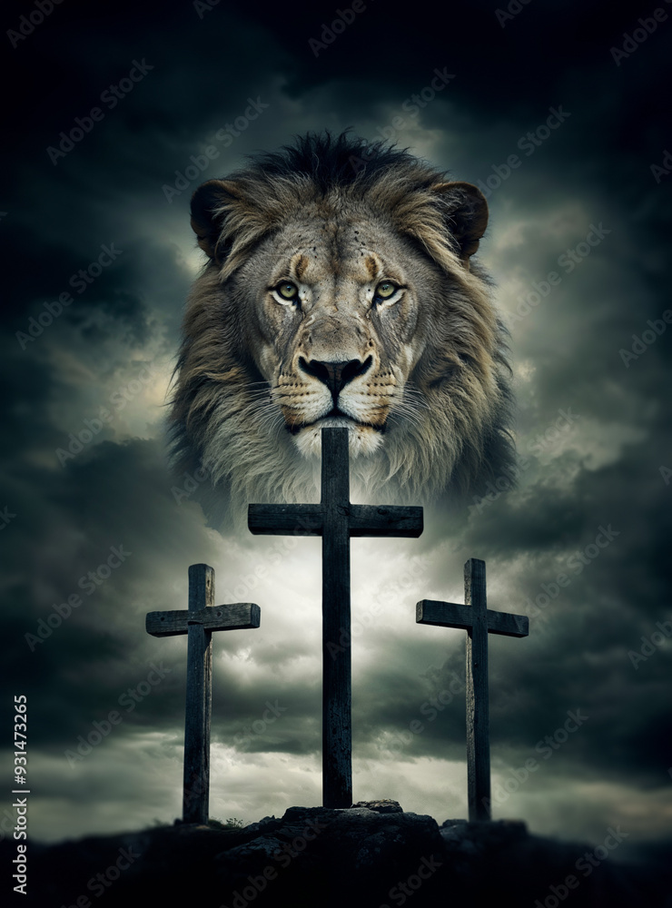 Lion of Judah Overlooking Golgotha's Three Crosses. A Profound ...