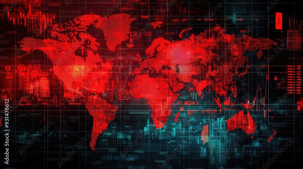 A world map with red warning signs, falling stock prices, and symbols ...