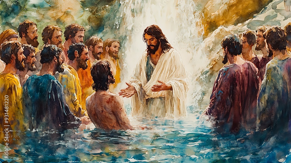 Watercolor Painting of Jesus Christ with Disciples by a Waterfall ...