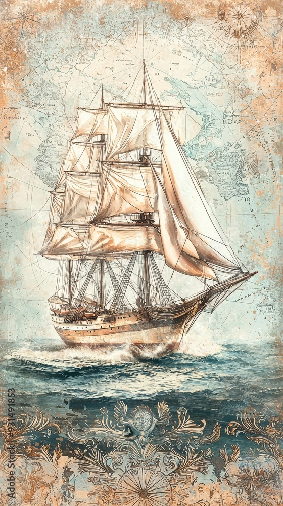 Vintage illustration of an old sailing ship, its white sails billowing ...