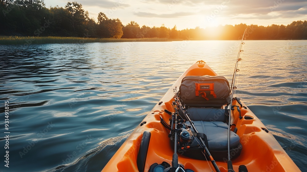 A modern fishing kayak equipped with various gear, bright, clear light ...