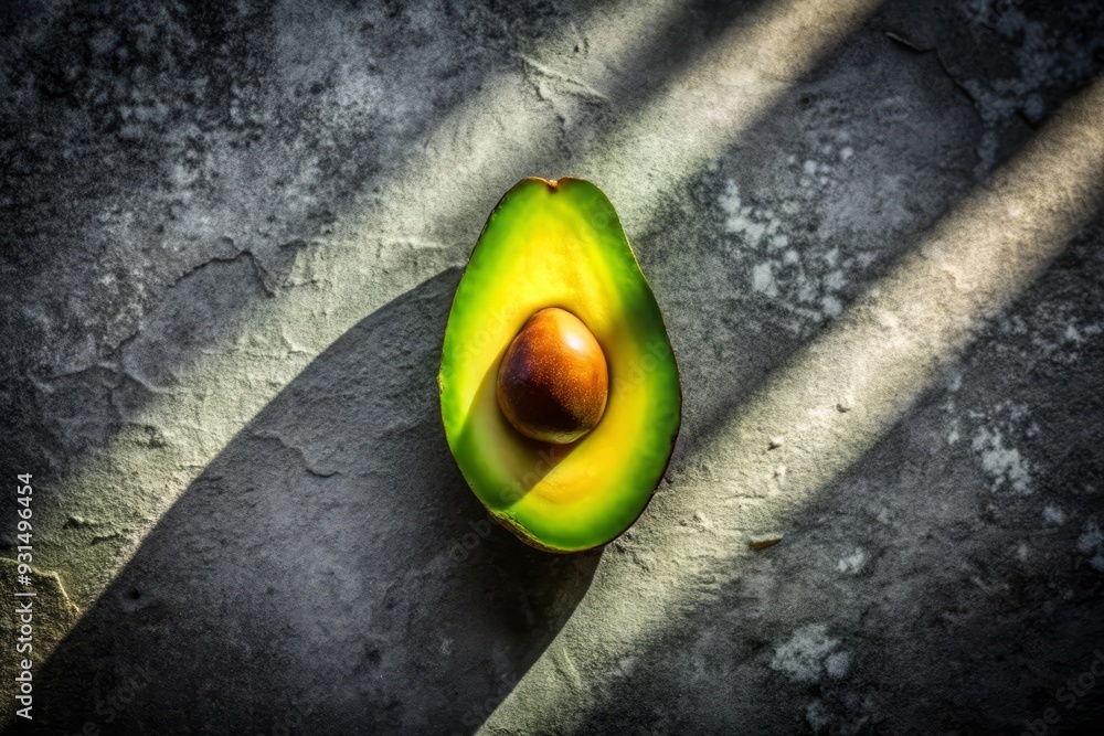 Moody contrasty avocado slice on worn concrete surface with gritty ...