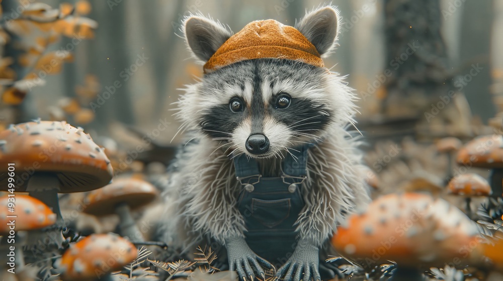 This stock image shows a cute little raccoon in a magical forest in ...