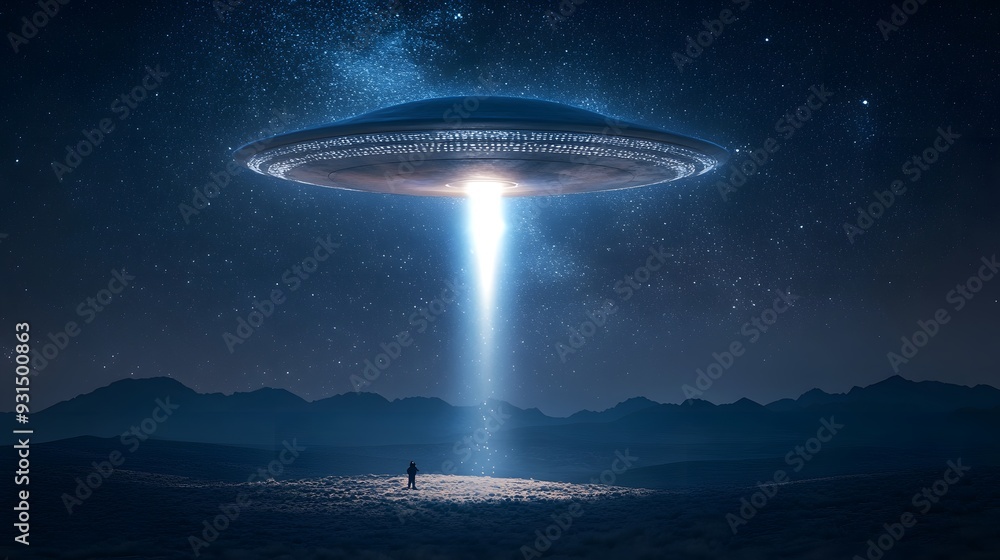 A nighttime desert landscape with a UFO shining a beam of light down ...