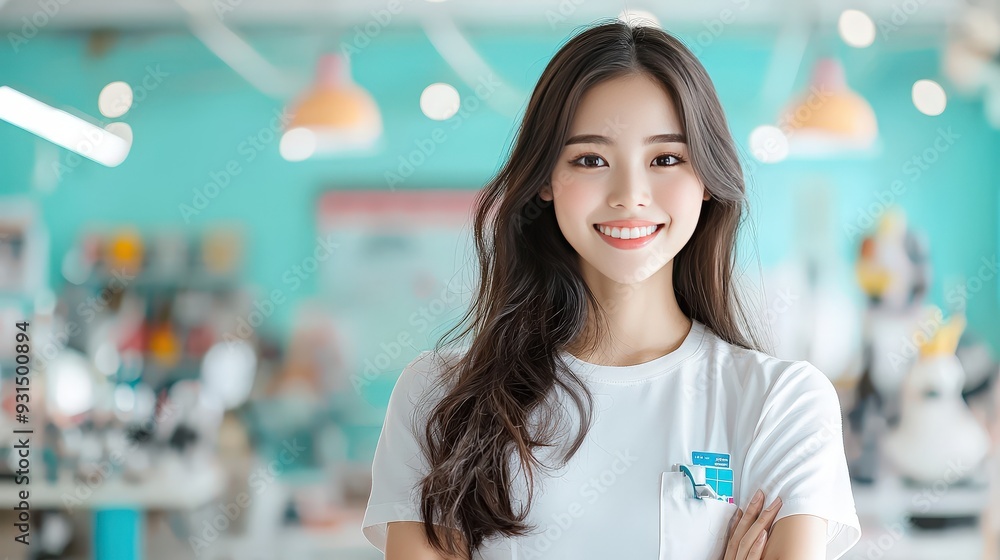 Full body oian woman model in a retail worker uniform at right for a ...