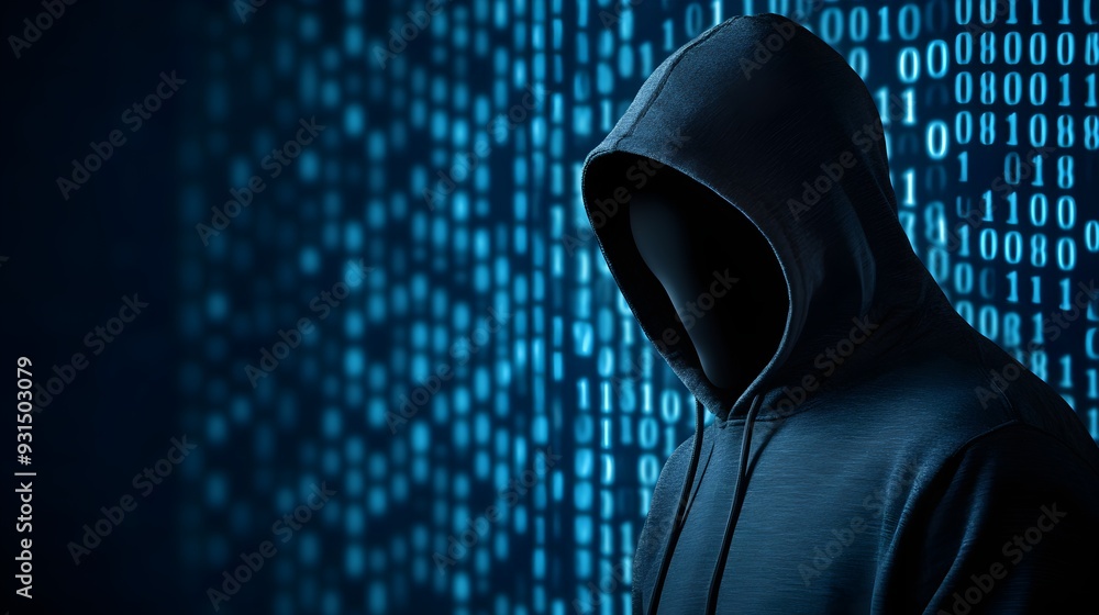 Anonymous hacker in a dark hoodie, face veiled in shadow, against a ...