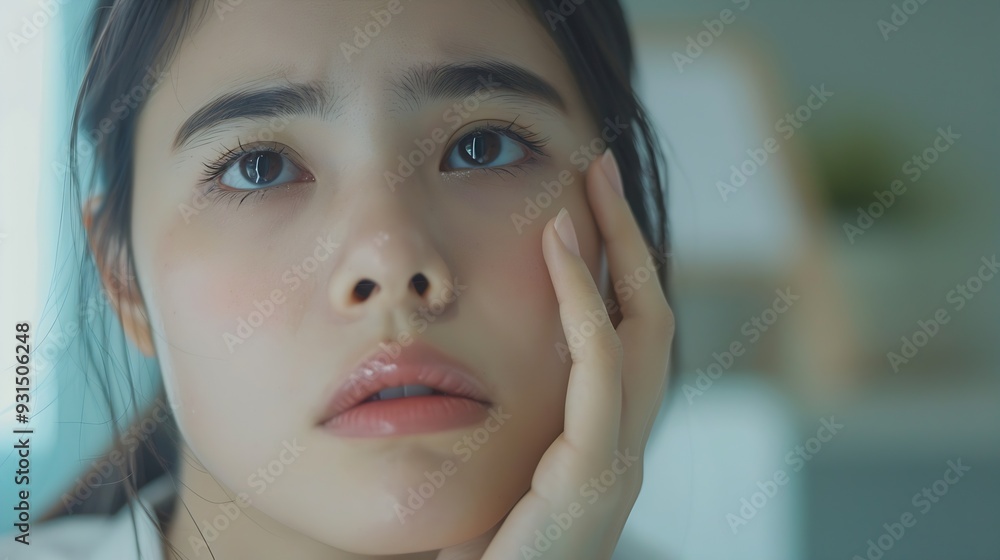 Bored insomnia asian young woman girl looking at mirror hand touching ...