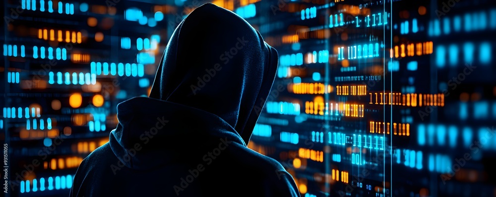 Shadowy hacker wearing a hoodie, hidden face, with a background filled ...