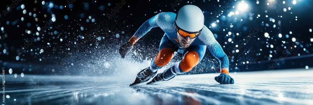 Speed skater in low, aerodynamic position, gliding rapidly across the ...