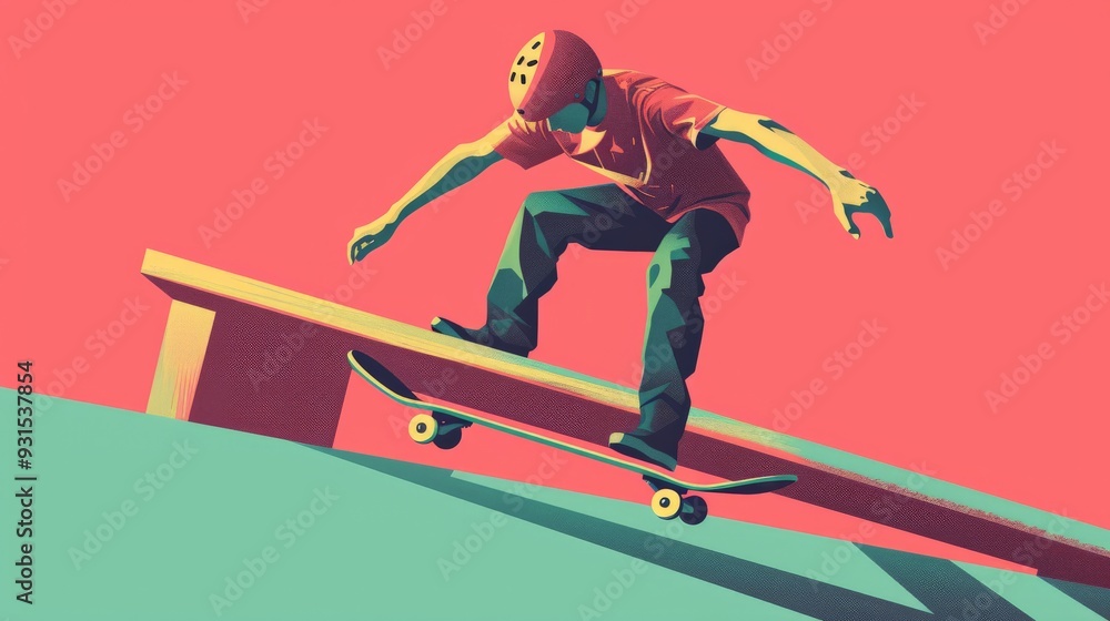 Visual of a skateboarder grinding a rail flat design side view skate ...
