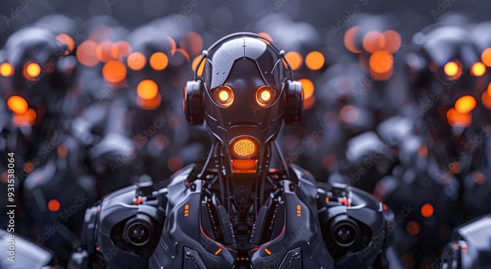 Futuristic robots with orange lights on their heads, and bokeh aft in ...