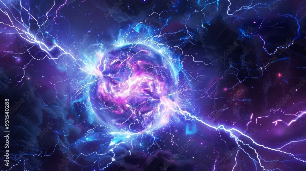 Luminous blue and purple electromagnetic plasma field emitted by a ...
