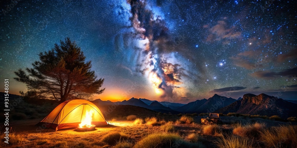 Night camping under the stars with a glowing campfire , outdoor ...