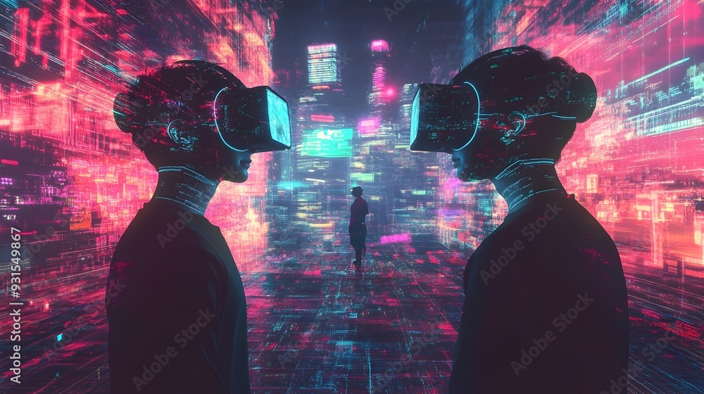 Two identical avatars seamlessly interacting in a vibrant futuristic ...