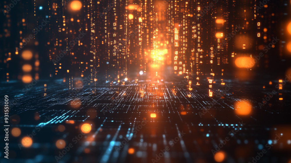 Tech background with floating numbers, matrix particles, and virtual ...