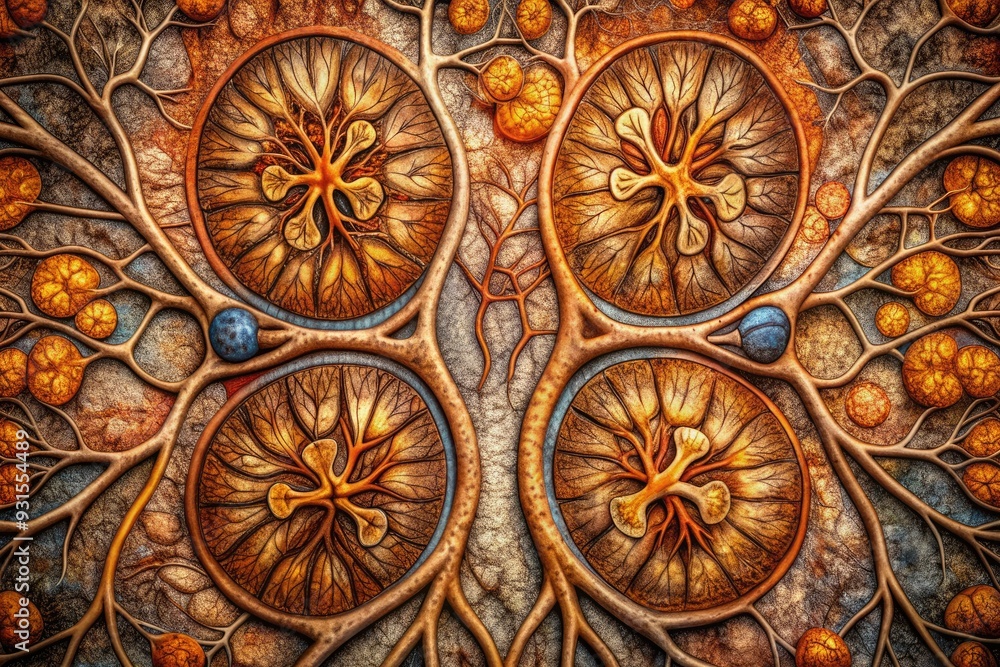 Fibrotic kidneys with intricate scarring patterns, shot from below, in ...