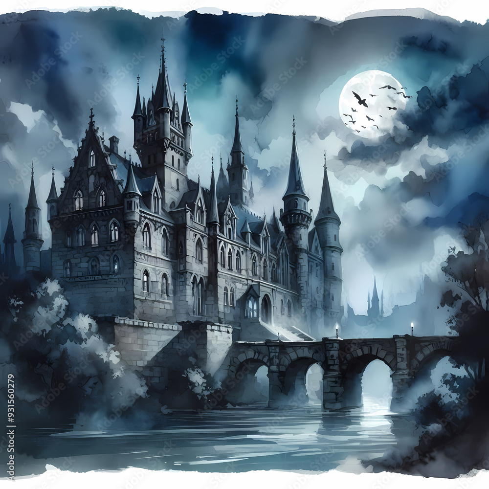 Gothic castle under full moon, bridge over water, bats fly in night sky ...
