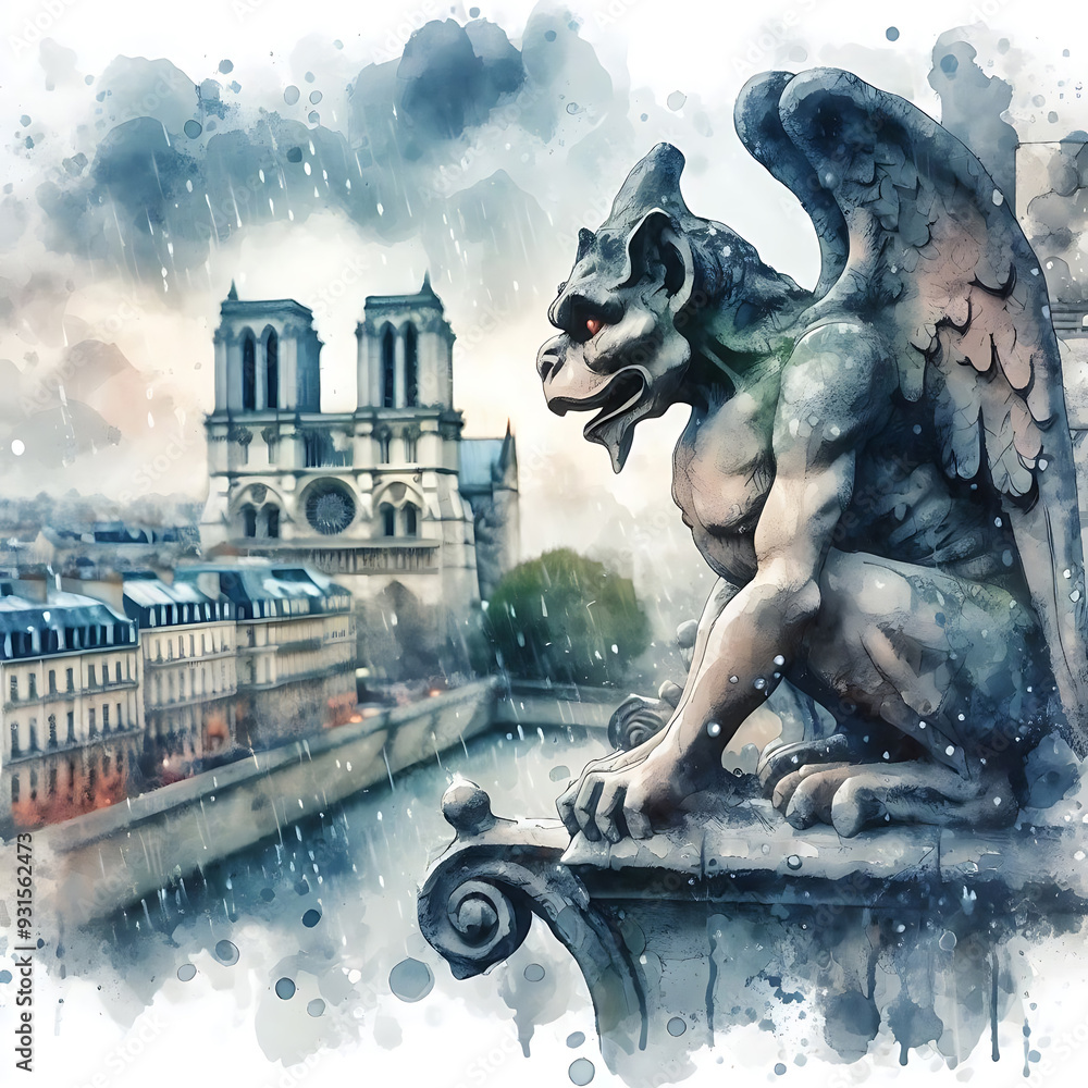 Stylized gargoyle overlooks Paris from Notre-Dame under moody skies ...