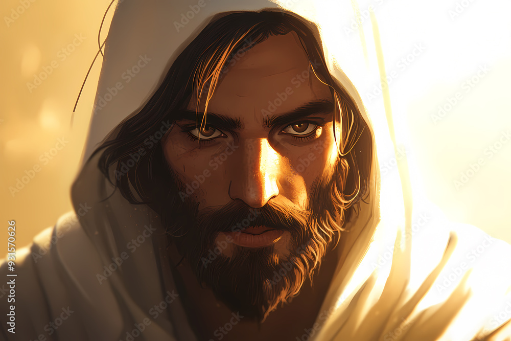 Anime-style depiction of Jesus Christ in dramatic golden hour Stock ...