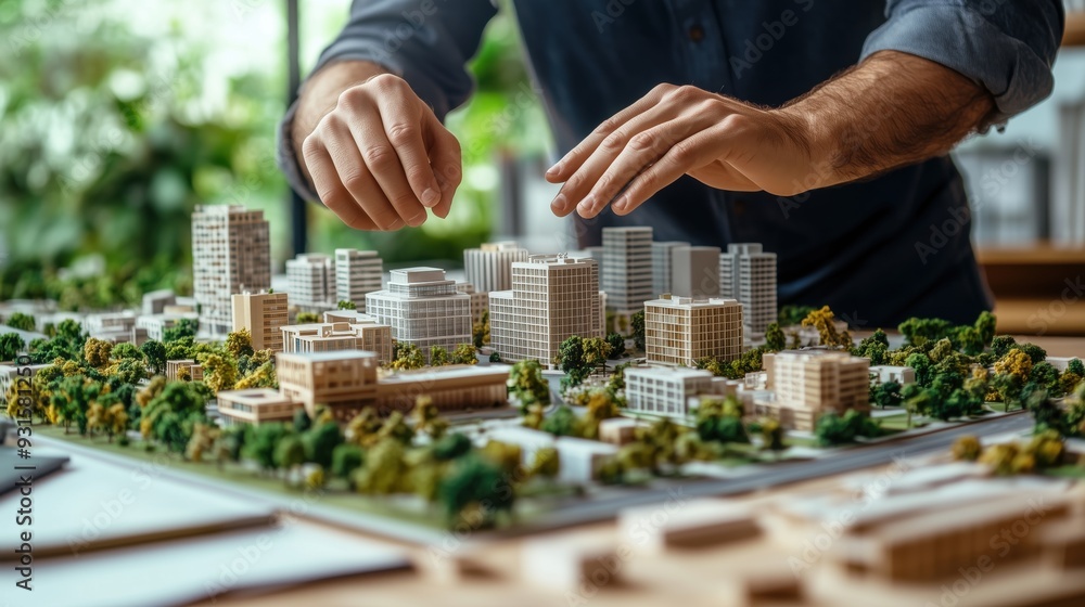 Architect Designing a Detailed Urban City Model. Architect carefully ...