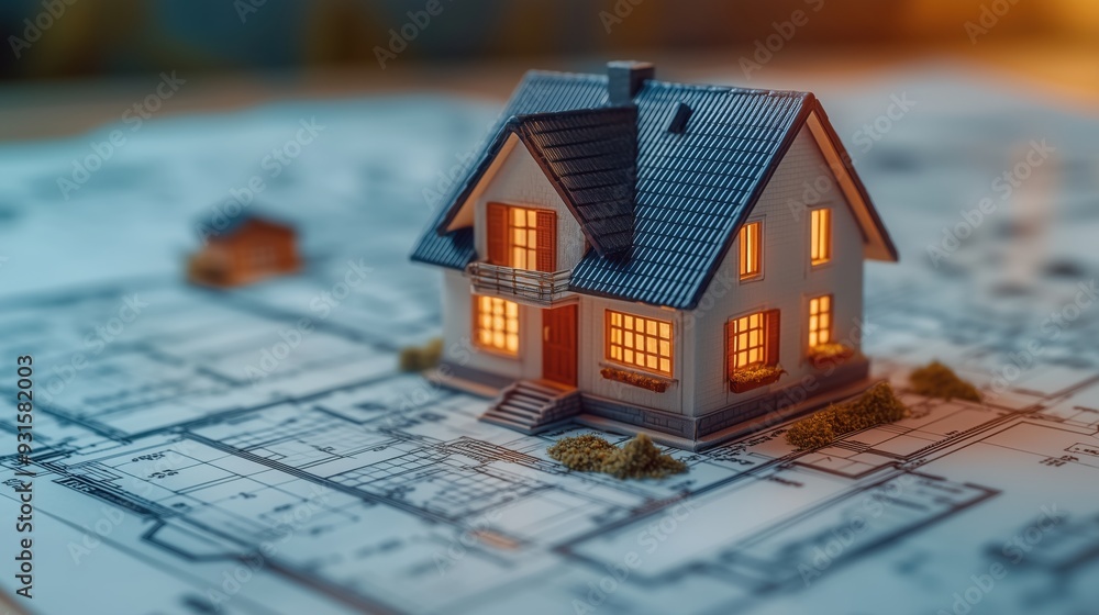 Architectural Model of House on Blueprints. Close-up of an ...